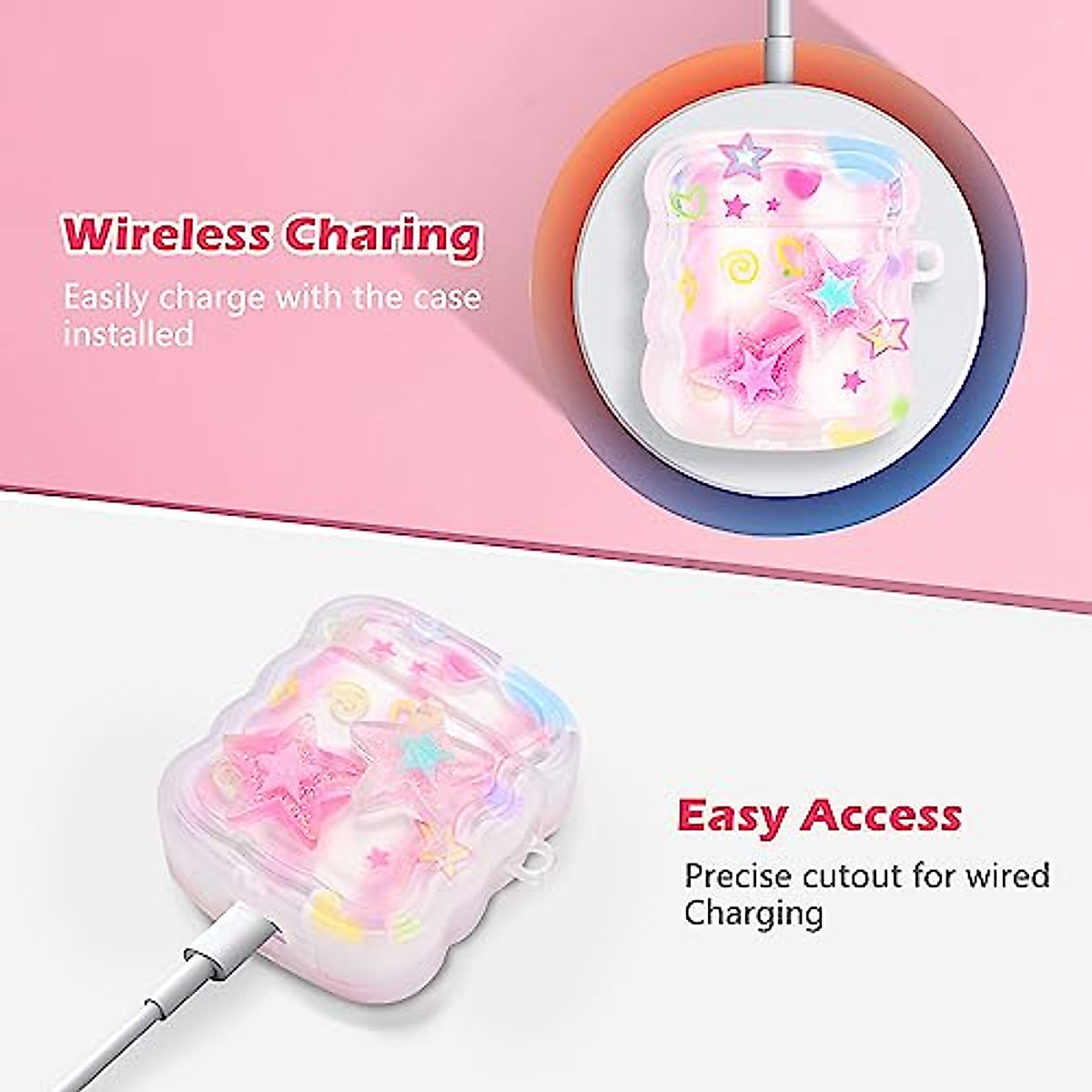 Cute AirPods Case with Love Pendant Colorful Round Bead Keychain, Glitter 3D Stars Design Soft Protective Cover Compatiable with AirPods 2nd & 1st Generation Case