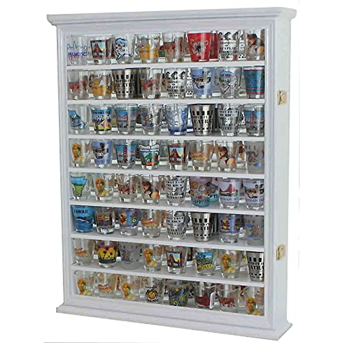 Shot Glass Display Case Solid Wood Wall Shot Glass Cabinet Rack Holder Lockable with UV Protection Acrylic Glass Door Shot Glass Collection Display Cabinet Mirror Back (White Finish)
