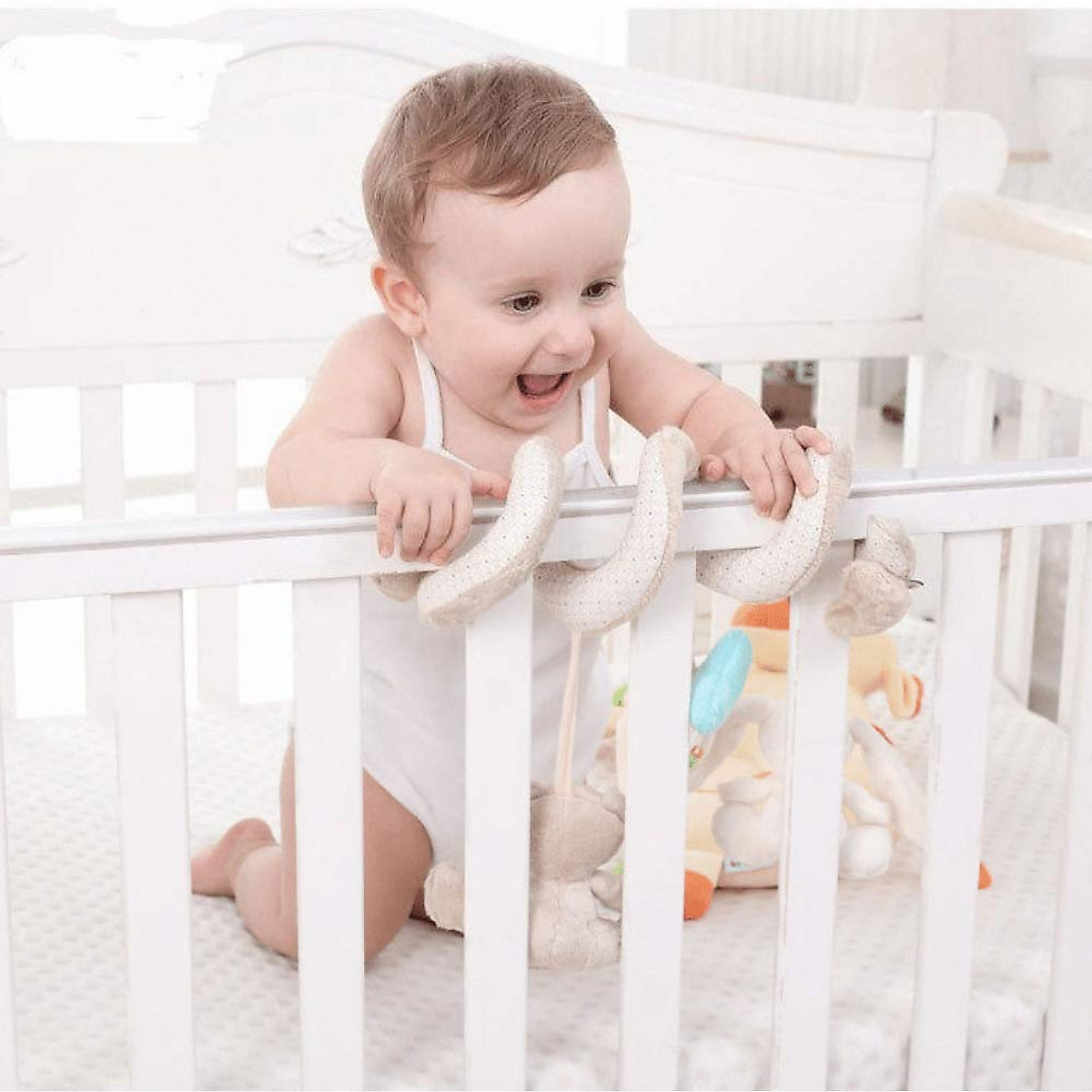 Musical Activity Spiral Car Seat Toys – Elegant Plush Toy for Cot Pram Crib Stroller with Hanging Rattles Soft Interactive Toy for Infants for Boys and Girls 1 Month +