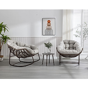 Outdoor Rocking Chair, Patio Oversized Wicker Egg Rocking Chair, Indoor & Outdoor Comfy Rocker Chair with Thick Cushion, Modern Lounge Chair for Balcony, Front Porch, Garden, Backyard, Deck, Beige