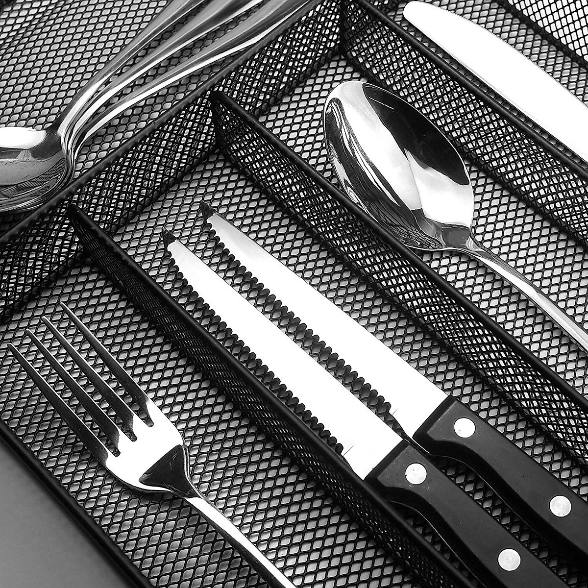 Teivio 36 Piece Silverware Set, Flatware Utensils Set Mirror Polished, Dishwasher Safe Service for 6, Include Knife/Fork/Spoon/Steak Knife/Wire Mesh Steel Cutlery Holder Storage Trays (Silver)