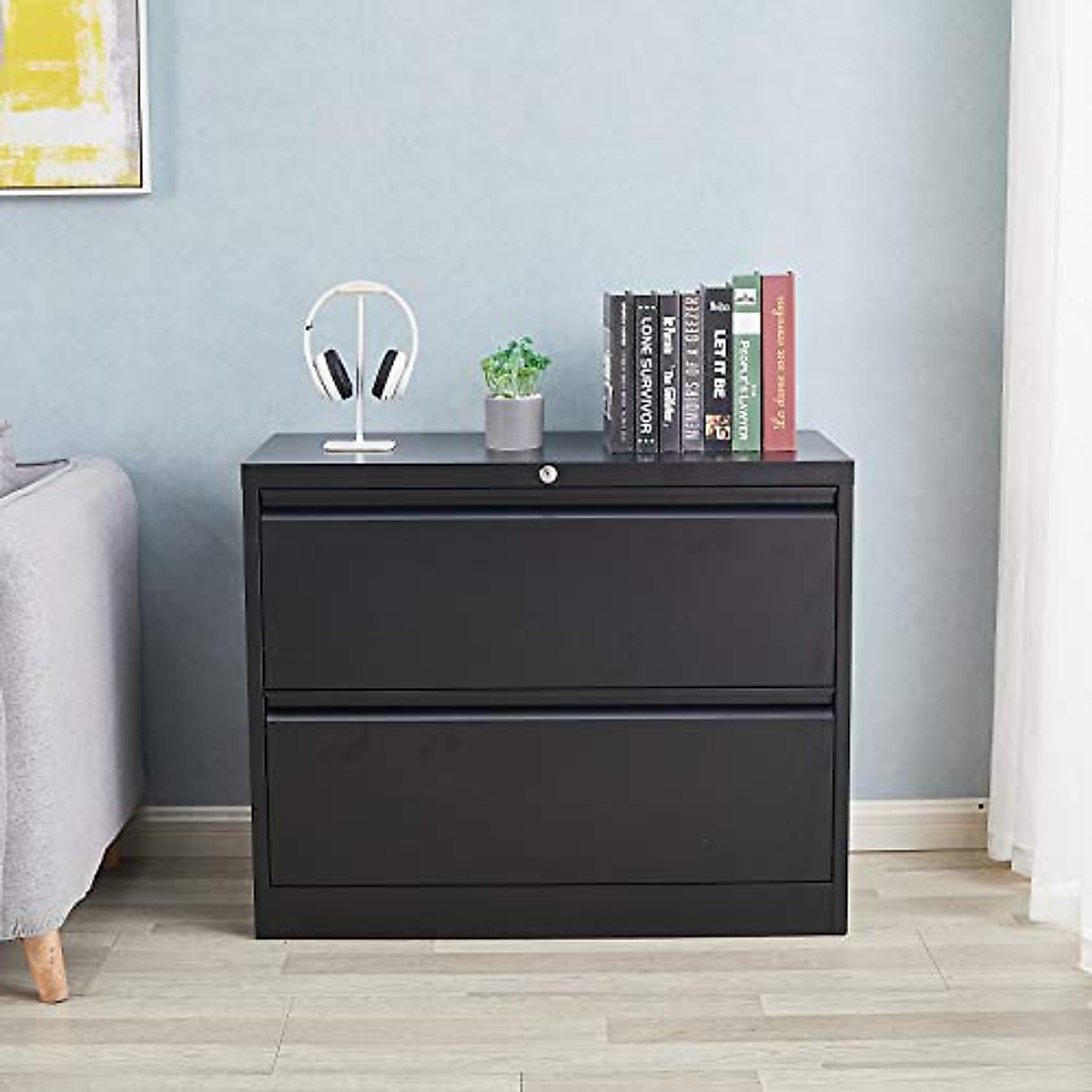 Reemoon Metal Lateral File Cabinet with Lock, 2 Drawer File Cabinet for Legal and Letter Size, Steel Filing Storage Cabinet for Home and Office, Assembly Required, Black