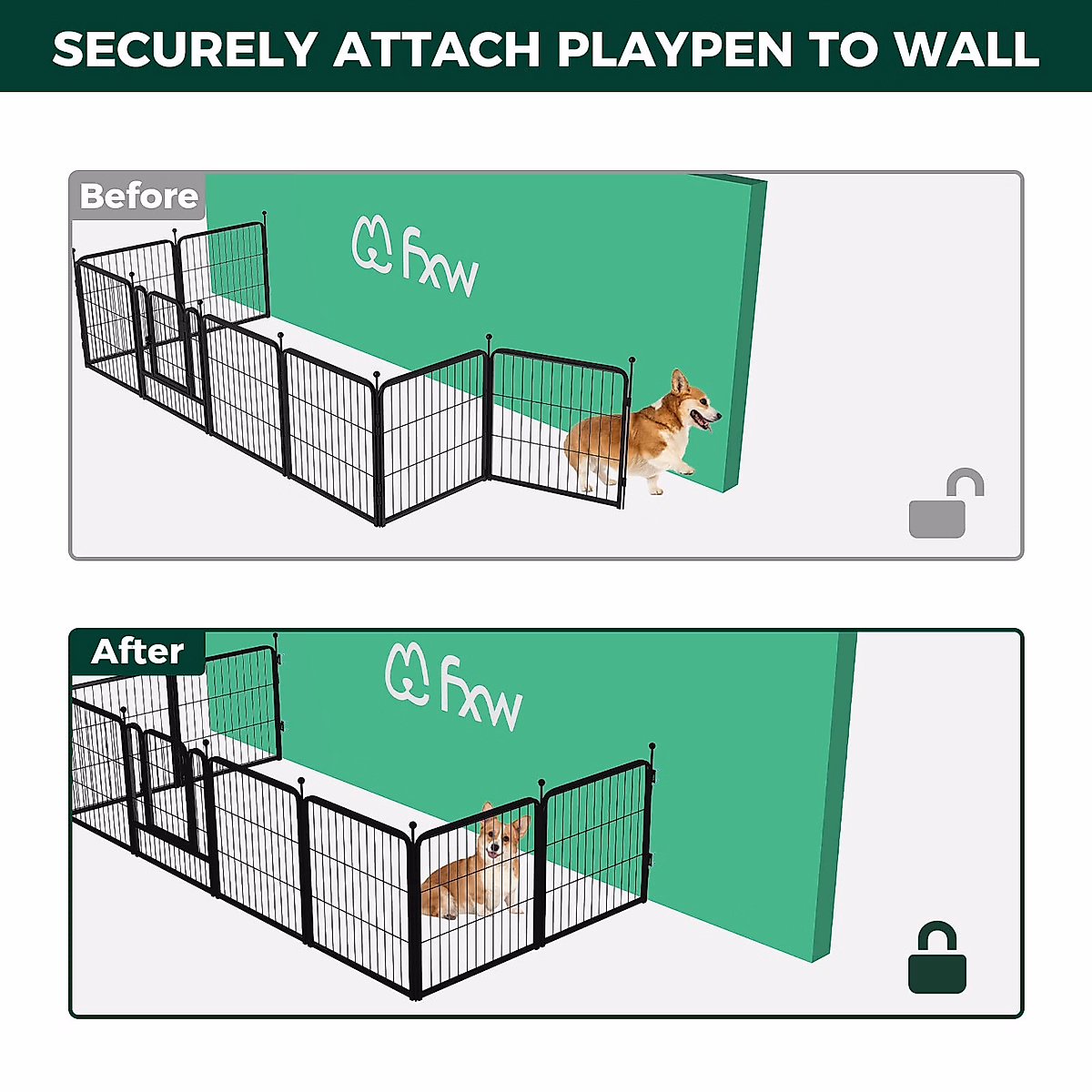 FXW Fence-to-Wall Anchor (Pack of 4) for Use with Dog Playpen in Yard, Garden, Doorways, Fireplace, Indoor/Outdoor, Fits All Heights of Playpen, Black│Patented