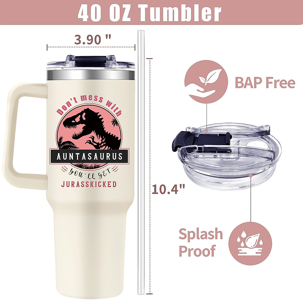 Aunt Tumbler Gift for Aunt For Mothers Day from Niece Aunts Gifts from Nephew - 40oz Beige Funny Tumbler Dinosaur Cup - Unique Birthday Gift Thank You Christmas