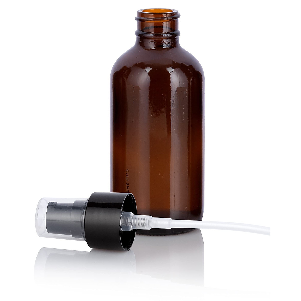 JUVITUS 4 oz Amber Glass Boston Round Bottle with Black Treatment Pump (12 pack) + Funnel