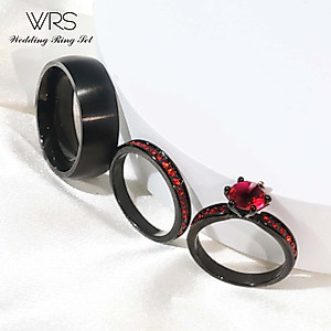 Two Rings His Hers Wedding Ring Sets Couples Matching Rings Women's 2pc Black Gold Filled Red CZ Wedding Engagement Ring Bridal Sets Men's Titanium Wedding Band