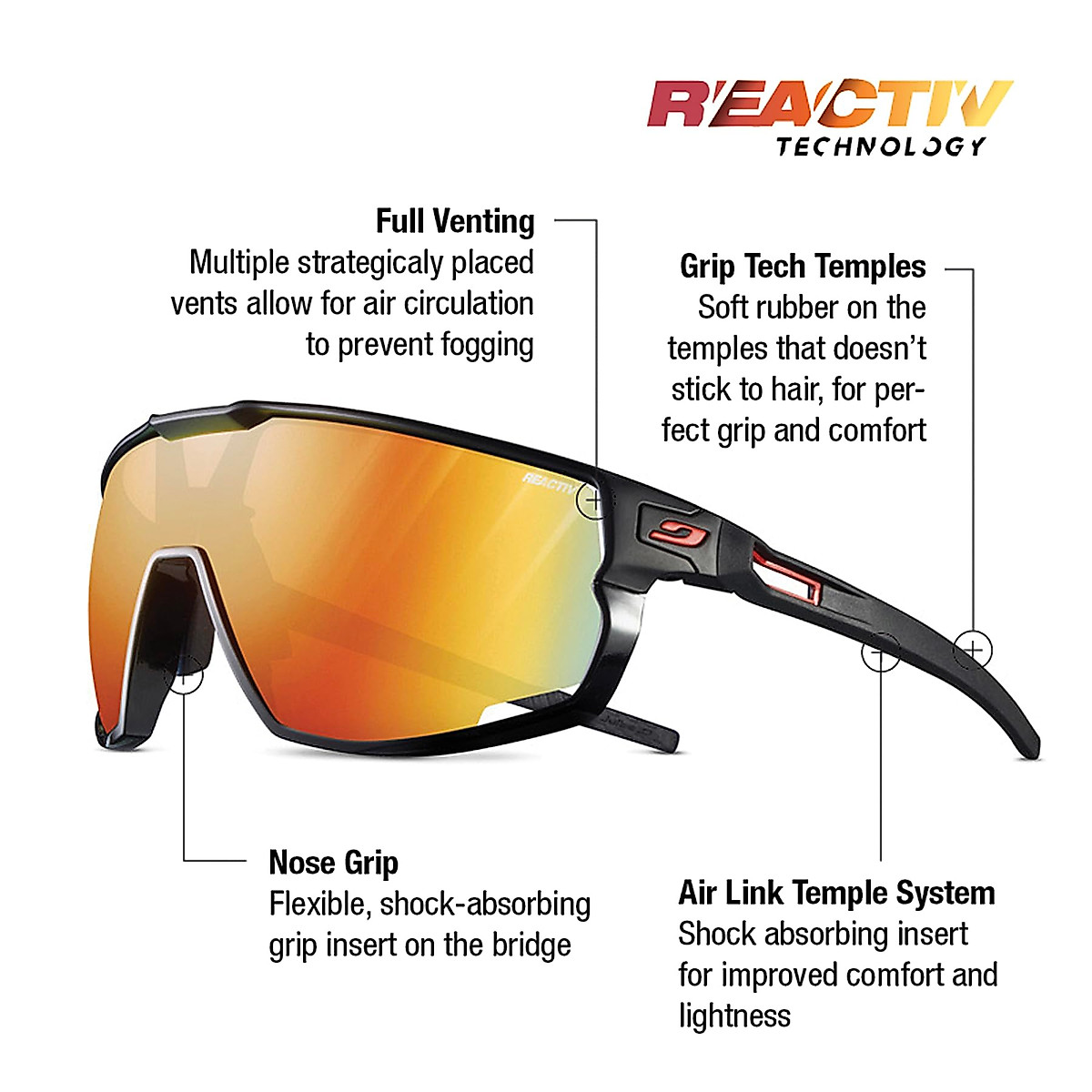 Julbo Sporty Rectangular Sunglasses, Matte Black/Glossy Black, L