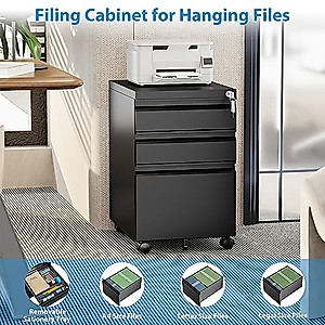 LISSIMO 3 Drawer Mobile File Cabinet with Lock,Under Desk Storage Cabinet for Home Office, Vertical Filing Cabinet Fits A4 or Letter Size (Unassembled, Black)