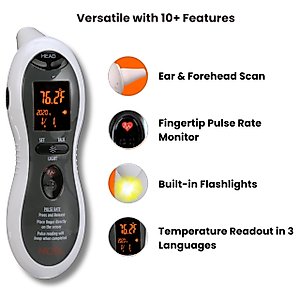 MOBI Digital Ear & Forehead Thermometer with Fingertip Pulse Reading, Flashlight & Fever Indicator, Room Temperature – Large Display, 3 Language Voice Readout for Baby, Kids & Adults