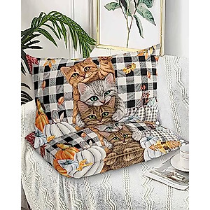 Thanksgiving Pillow Covers Standard Size Set of 2 Bed Pillow, Fall Pumpkin Cats Maple Leaf Black White Plaid Plush Soft Comfort for Hair/ Skin Cooling Pillowcases with Envelop Closure 20''x26''