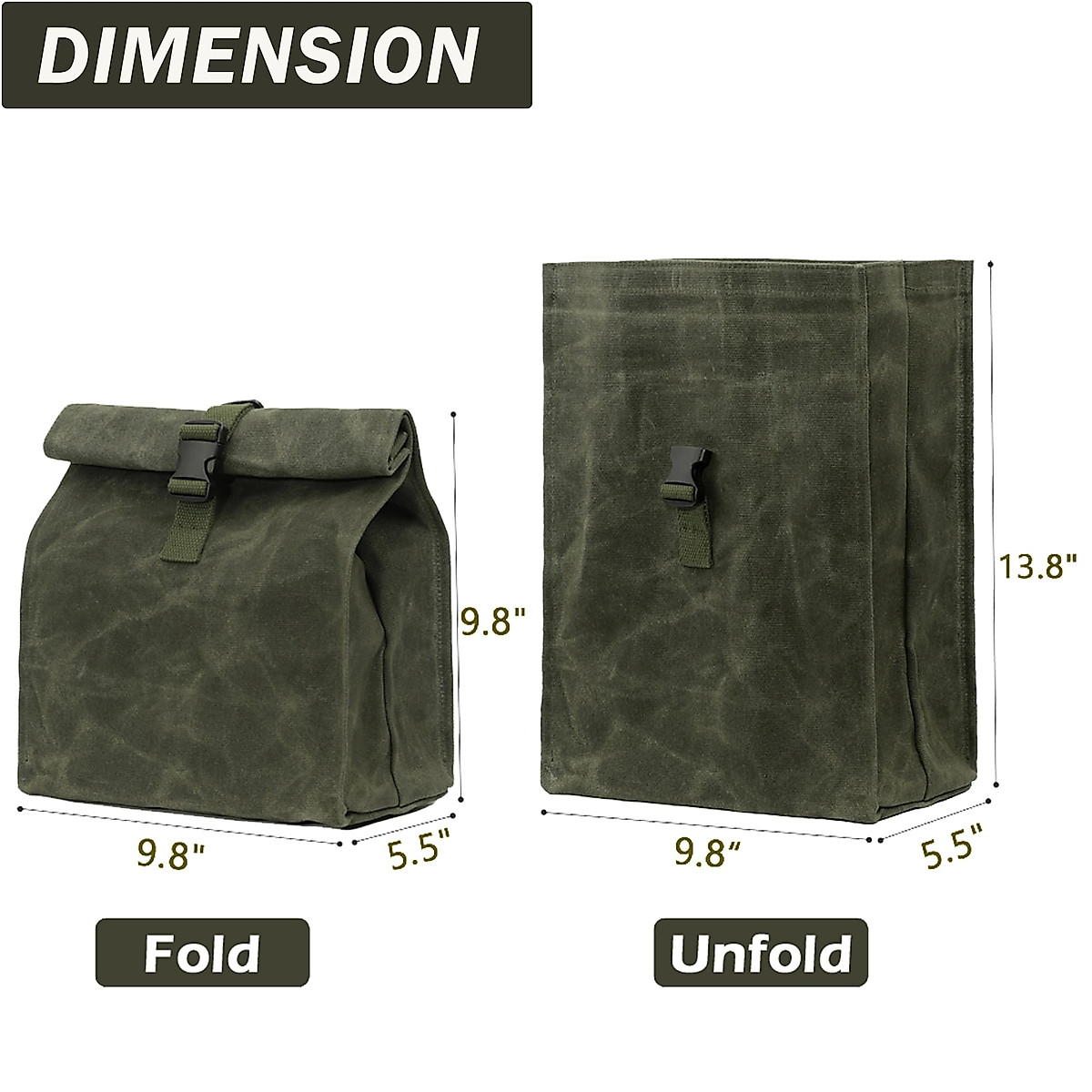 Kaaltisy Eco-Friendly Lunch Bag, Heavy Duty 16oz Waxed Canvas Lunch Sack with Buckle, Sustainable Lunch Box for Workers | Army Green | Hard Feel