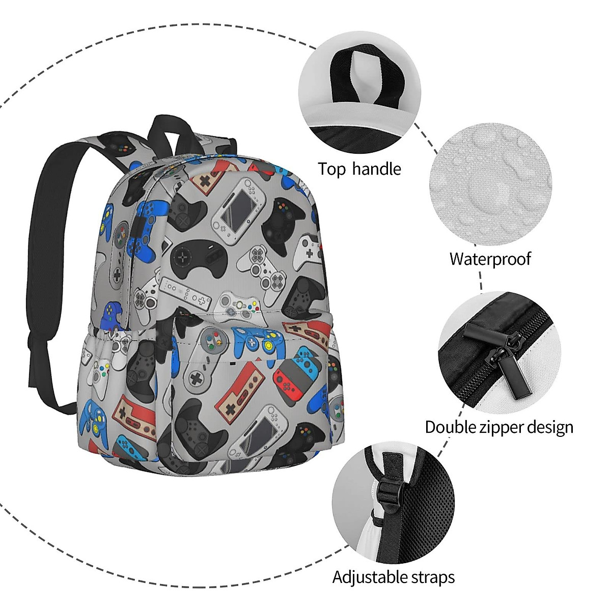 Oplp Video Game Controller Grey Background Large Capacity Backpack Colorful Gamepad Lightweight Personalized Laptop Bag Tablet Travel School Bag with Multiple Pockets