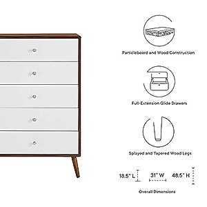 Modway Transmit Mid-Century Modern Wood Walnut White, 5-Drawer Chest