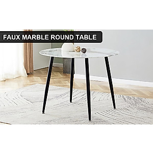 40'' Round Glass Dining Table with 0.3'' White Imitation Marble Tempered Glass Desktop, Modern Dining Table with 4 Metal Legs for Dining Room Kitchen Living Room.