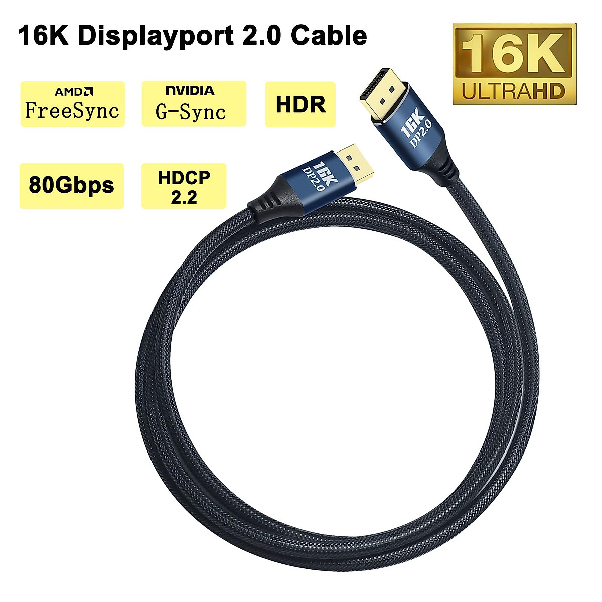 DCHAV 16K Displayport to Displayport Cable Display Port 2.0 16K@60Hz, 8K@120Hz, 4K@240Hz 165Hz 144Hz 80Gbps HDR FreeSync G-Sync DP Cord for Computer Gaming Monitor Laptop PC TV Graphics Card, 5ft