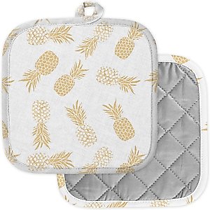 [Pack of 2] Pot Holders for Kitchen, Washable Heat Resistant Pot Holders, Hot Pads, Trivet for Cooking and Baking ( Metallic Cream Gold Pineapple Fruit )