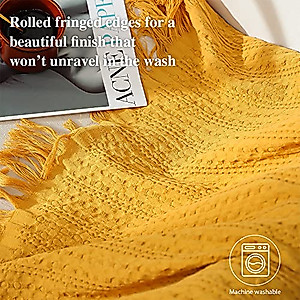 Simple&Opulence 100% Cotton Throw Blanket for Couch, Bed, Waffle Weave Knit Blanket with Tassels, Soft Lightweight Pre-Washed Breathable Cozy Blanket Farmhouse Decoration for All-Season (Gold Yellow)