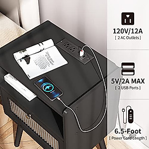 SOOWERY Mid Century Modern Nightstand with Charging Station, Bedside Tables with Glass Decorative Door, End Table Side Table with 2 Tiers Storage Space, for Bedroom, Living Room, Black