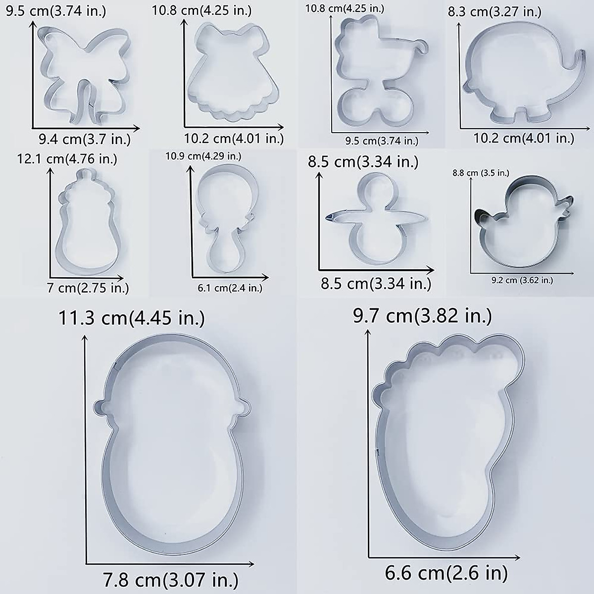 LILIAO Baby Shower Cookie Cutter Set - 10 Pcs - Footprint Dress Carriage Pacifier Ribbon Duck Rattle Elephant Bottle Baby Biscuit Cutters - Stainless Steel