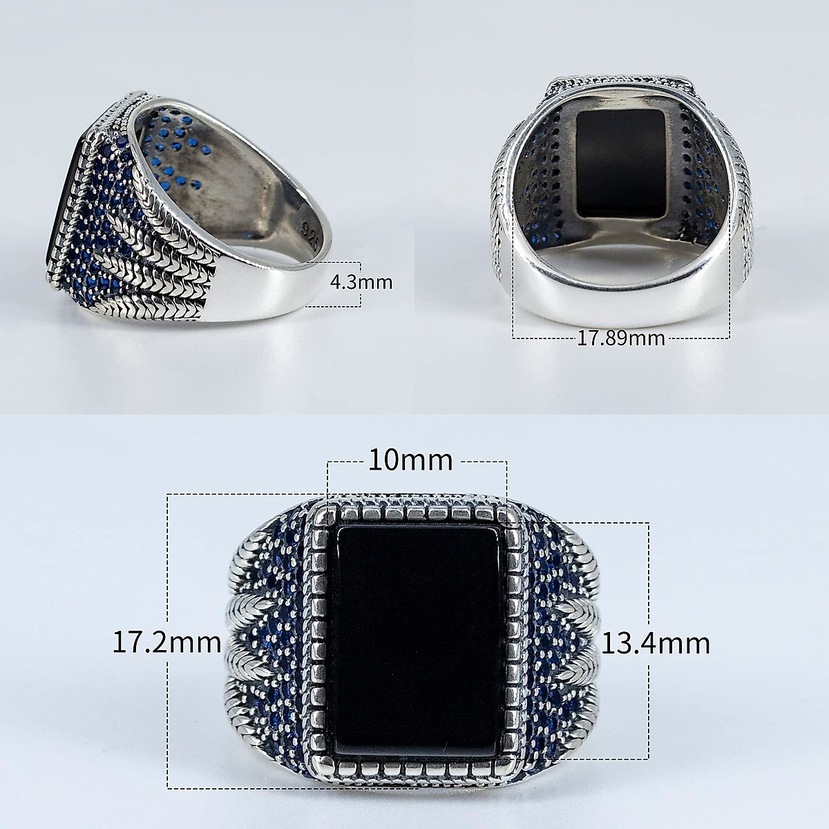 AROTOROM 925 Sterling Silver Ring with Solid Polished Rectangle Black Onyx Ring,Black Square Stone Turkish Ottoman Signet Rings, Sterling Silver Stone, Agate