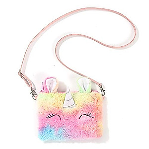 Women Girls Kids Fluffy Fuzzy Unicorn Bag Plush Tie Dye Rainbow Crossbody Purse