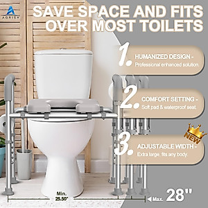 Agrish Raised Toilet Seat with Handles - Cozy Padded Elevated Medical Toilet Seat Riser, 350lb Adjustable Safety Assist Shower Chair for Elderly, Handicap, Pregnant - Gray