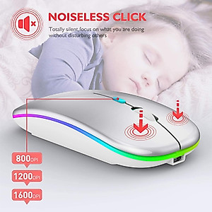 Atrasee Dual Mode LED Wireless Bluetooth Mouse for Laptop, Slim Rechargeable RGB Computer Mice (USB 2.4G + Bluetooth 5.1), Ergonomic PC Gaming Mouse w/ 3 Adjustable DPI, for Laptop MacBook Pro, White