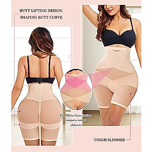 Nebility Women Butt Lifter Shapewear Hi-Waist Double Tummy Control Panty Waist Trainer Body Shaper (L, Beige-Mid Thigh)