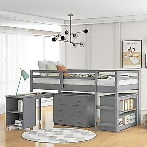 Harper & Bright Designs Twin Size Low Loft Bed with Desk and Storage Cabinet, Wooden Low Study Loft Bed with Drawers, for Kids Teens Girls Boys - Gray