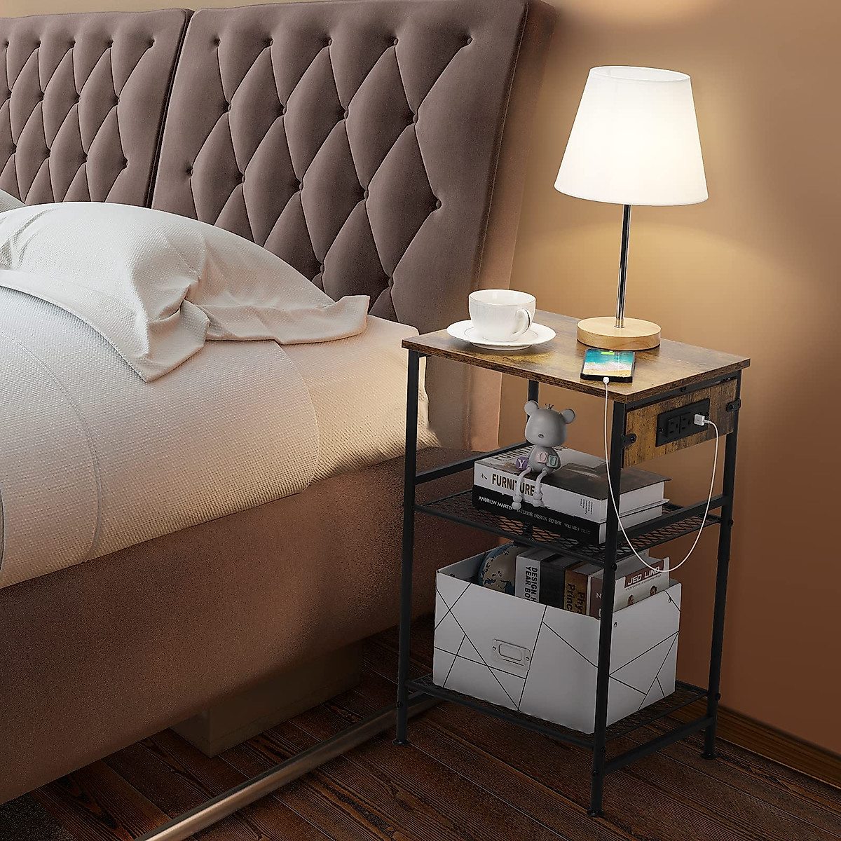 SEHERTIWY Nightstand with Charging Station, Nightstands Set of 2, Side Tables Living Room, Bed Side Table/Night Stand, 3-Tier End Tables with USB Ports and Power Outlets