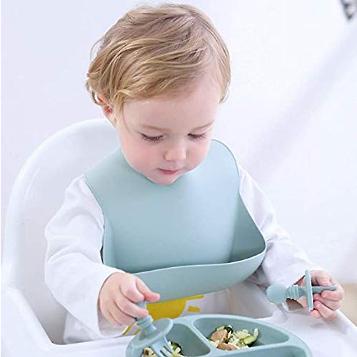 Baby Feeding Set Silicone Baby Bib Baby Plate Bowl Spoon Fork Divided Plate Baby Teether Baby Led Weaning Baby Gift Set