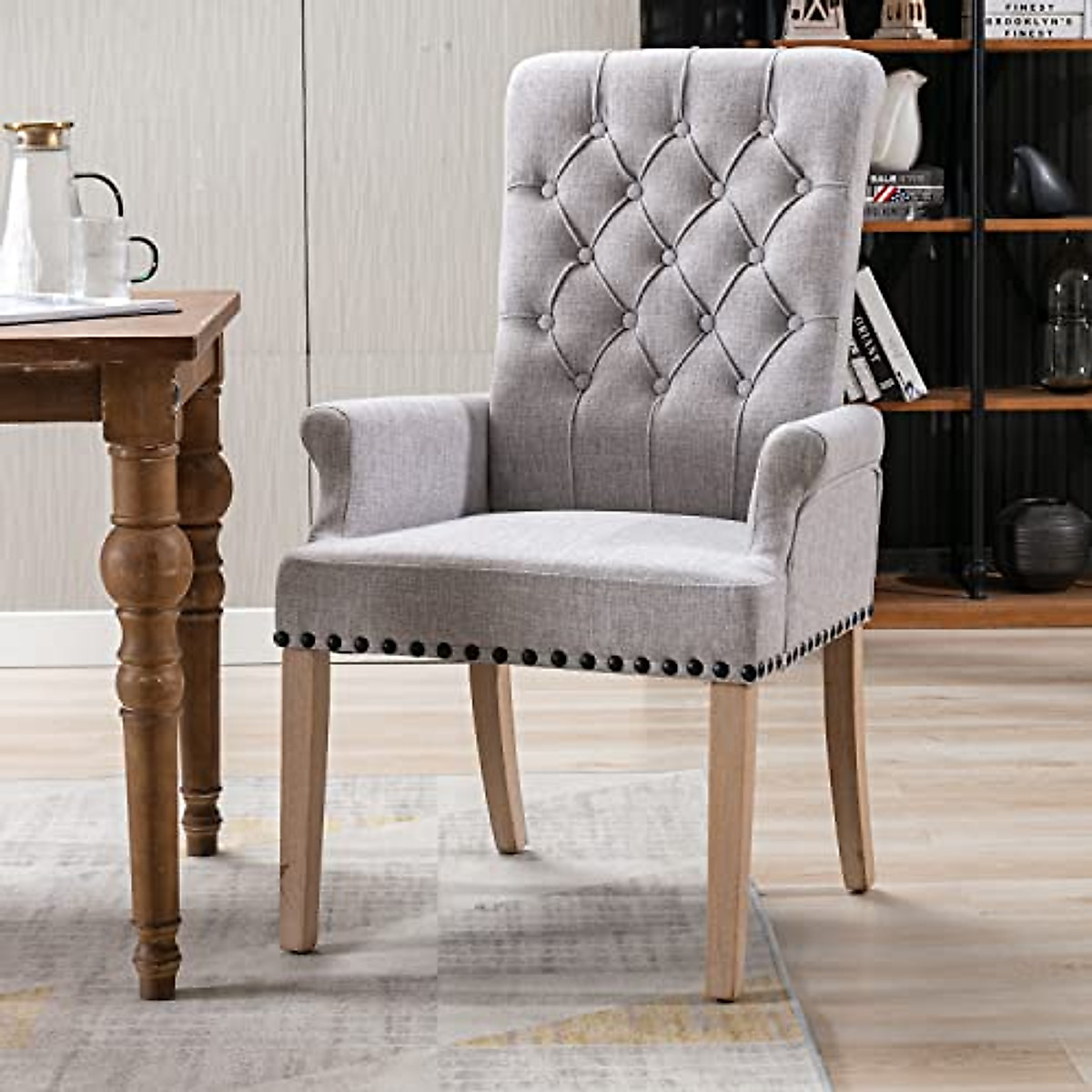 Restworld Fabric Arm Dining Chair,Tufted Upholstered High Back Nailed Trim with Untique Oak Wood Legs for Kitchen Restaurant Room Bedroom,Smoke Grey