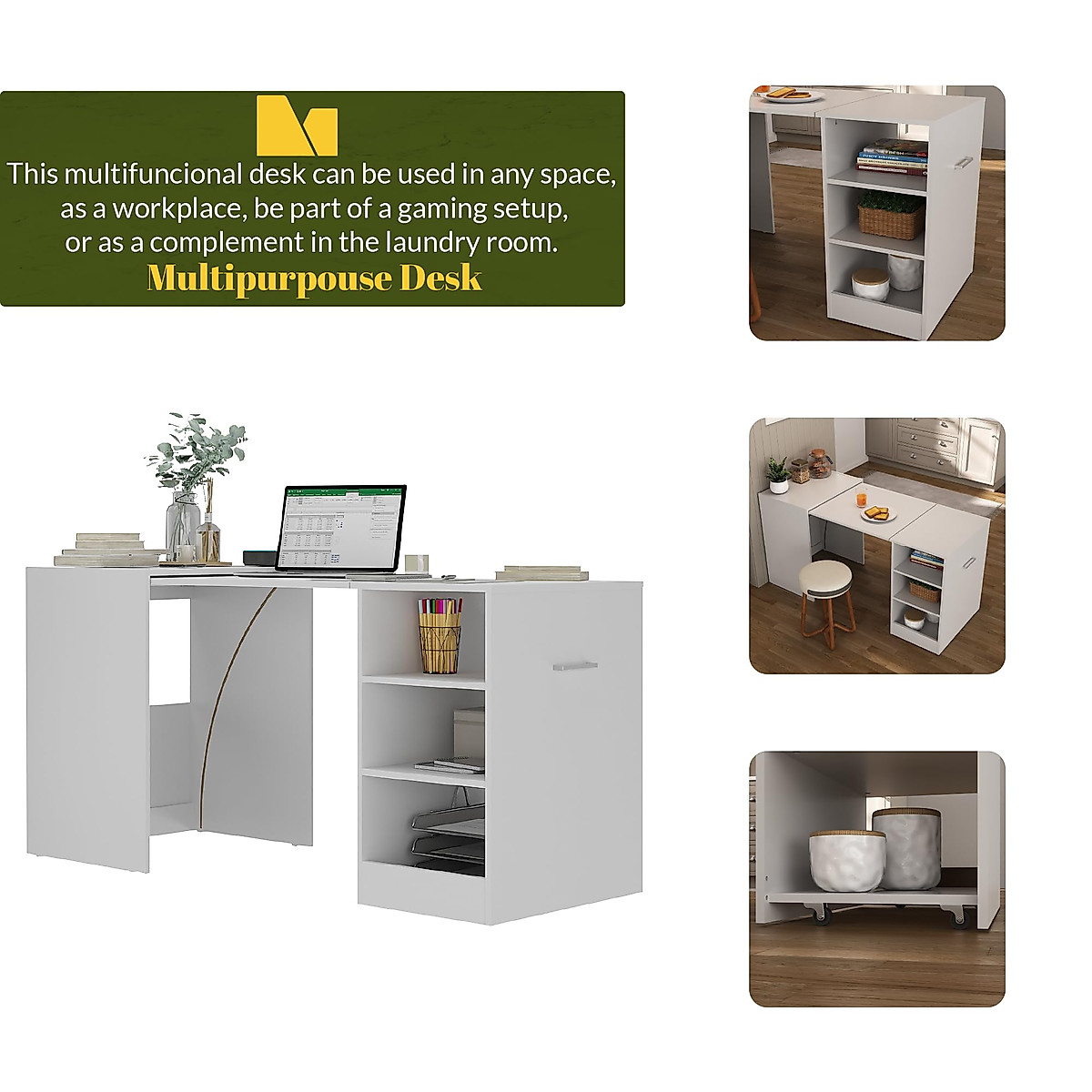 Multimóveis Office Desk Table with Storage Shelves and Printer Stand, Modern, Folding Compact Corner Computer Desk for Gaming, Work, Study, Bedroom or Home Office Desks, 3 Shelf, White, 60 Inch