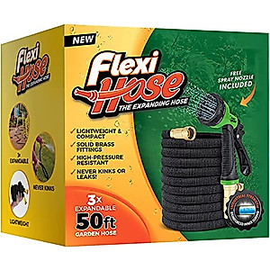 Flexi Hose with 8 Function Nozzle Expandable Garden Hose 50 ft, Lightweight & No-Kink Flexible Extendable Garden Flex Hose, 3/4 inch Solid Brass Fittings and Double Latex Core, 50ft Black