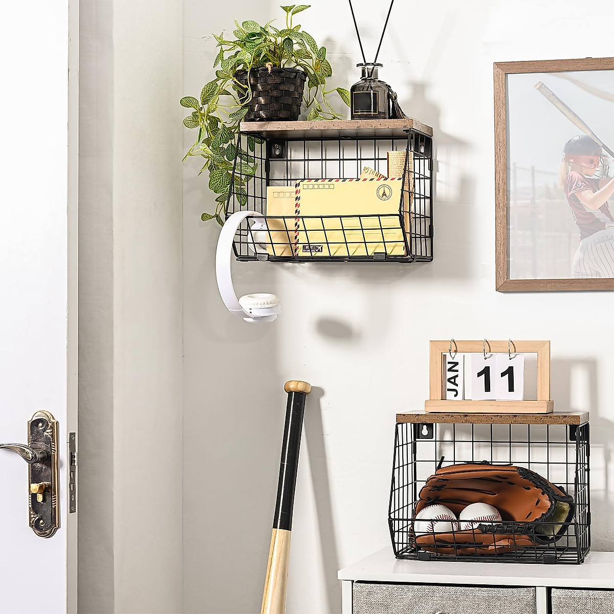 2 Pack Stackable Fruit Baskets with Wood Lid for Kitchen Counter, Wall-Mountable Hanging Wire Baskets with 4 Banana Hanger Hooks, Kitchen Organizers and Storage for Vegetable Onion Potato