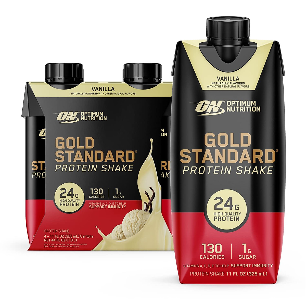 Optimum Nutrition Gold Standard Protein Shake, 24g Protein, Ready to Drink Protein Shake, Gluten Free, Vitamin C for Immune Support, Vanilla, 11 Fl Oz, Pack of 4 (Packaging May Vary)