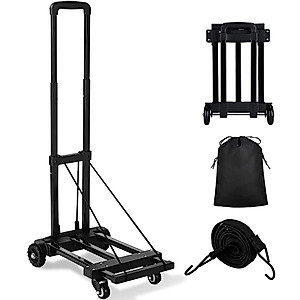Orange Tech Folding Hand Truck, 220 lbs Heavy Duty Luggage Cart, 4 Wheels Solid Construction, Portable Fold Up Dolly, Compact and Lightweight for Luggage, Personal, Travel, Moving and Office Use