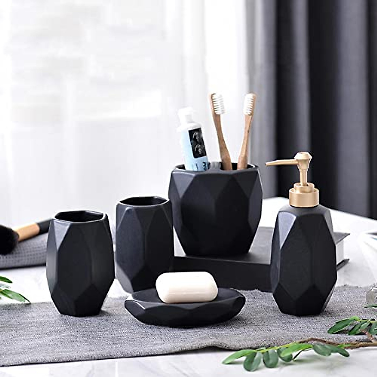 JINYISI Bathroom Accessory Set,5 Piece Ceramic Bathroom Accessories Set,Toothbrush Holder Set,Bathroom Sets Accessories (Black/White)