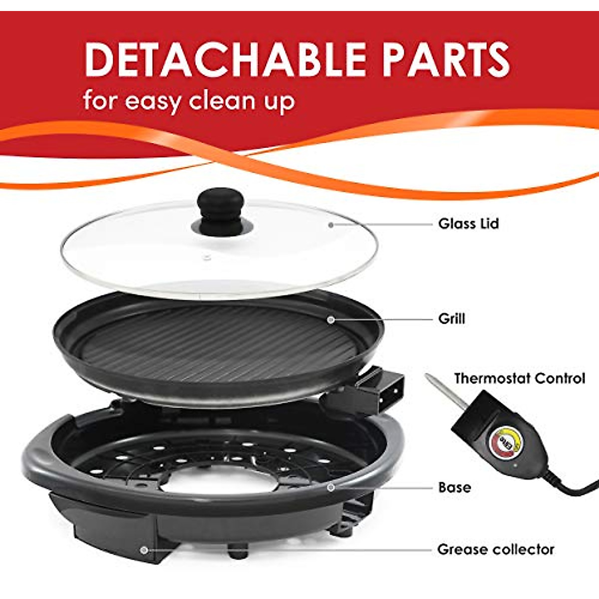 Elite Gourmet EMG-980BSC Large Indoor Electric Round Nonstick Grill Cool Touch Fast Heat Up Ideal Low-Fat Meals Easy to Clean Design Dishwasher Safe Includes Glass Lid, Black