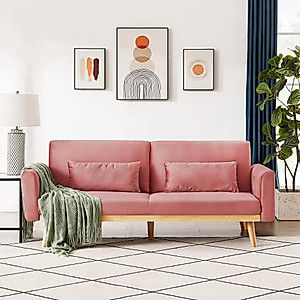 Lamerge Velvet Sleeper Couch with Pillows and Wooden Frame, Upholstered Modern Folding Futon Sofa Bed, Lounge Memory Foam Convertible Loveseat for Living Room, Home & Office (Pink)