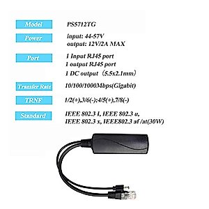 REVODATA Gigabit PoE Splitter 12V 2A Output with IEEE 802.3af/at Standard Compliant 10,100,1000Mbps Power Over Ethernet Splitter Adapter for Security Camera CCTV Surveillance 5.5x2.1mm DC PlugPS5712TG
