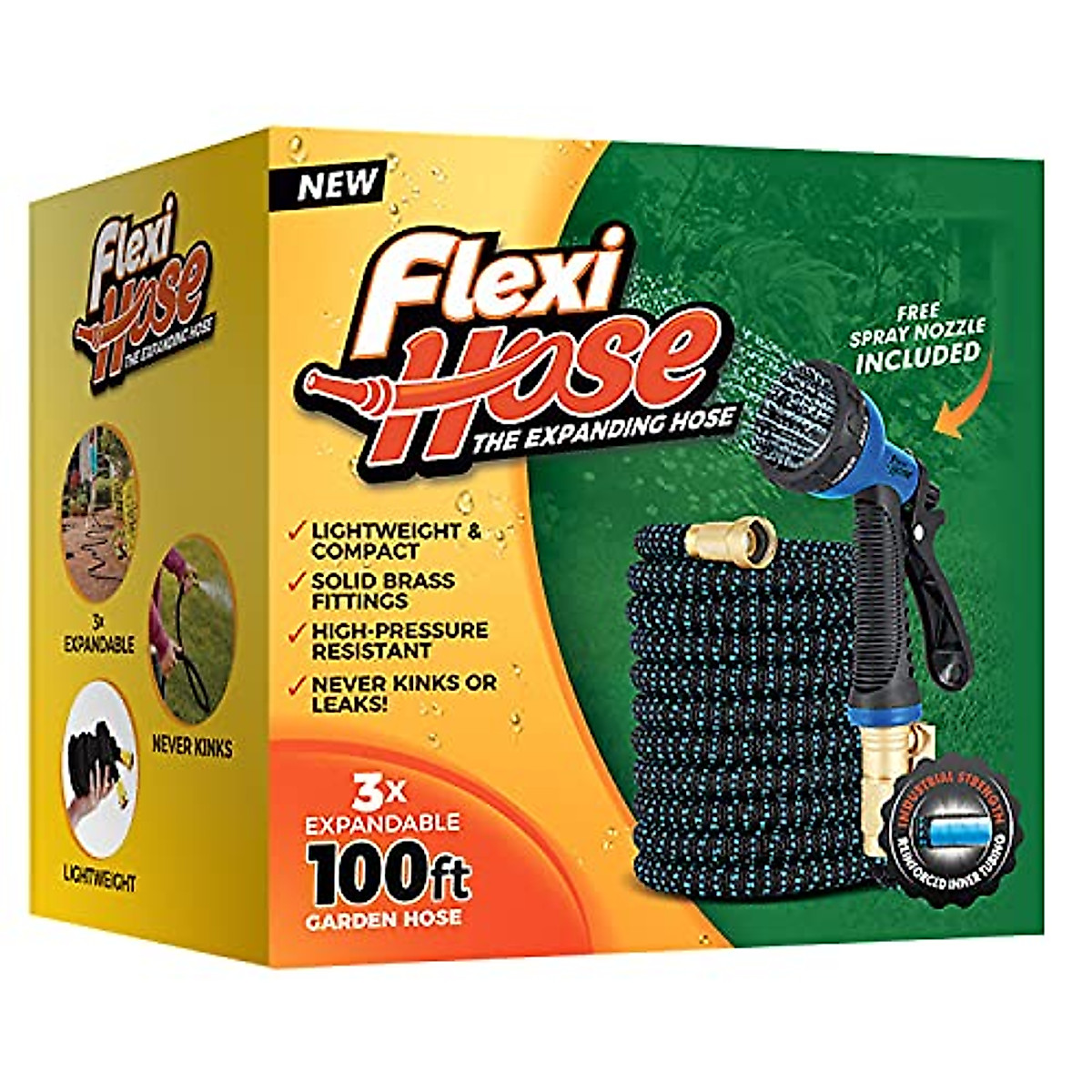 Flexi Hose with 8 Function Nozzle Expandable Garden Hose, Lightweight & No-Kink Flexible Garden Hose, 3/4 inch Solid Brass Fittings and Double Latex Core, 100 ft Blue Black