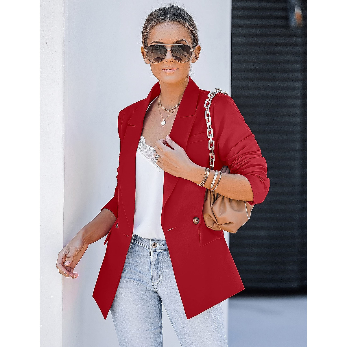luvamia Women Casual Long Sleeve Lapel Oversized Work Blazer Boyfriend Jacket True Red Blazer for Women Plus Size Blazer Womens Casual Blazer Size X-Large Fits Size 16 / Size 18