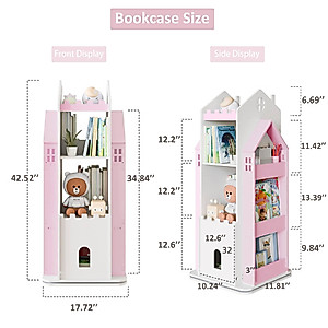 MOUDAO Rotating Bookshelf 360° Castle Kids Bookshelf Toy Storage Organizer Rack, Pink White Corner Bookshelf for Kids Toddler Children, Home Office Furniture Bookcase