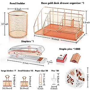 MooManGoo Rose Gold Office Desk Organizers and Accessories with Sliding Drawer, Pen Holder, Stapler, 6 Compartments +72 Clips Set, Office Supplies Mesh Desktop File Organizer for Women Home School