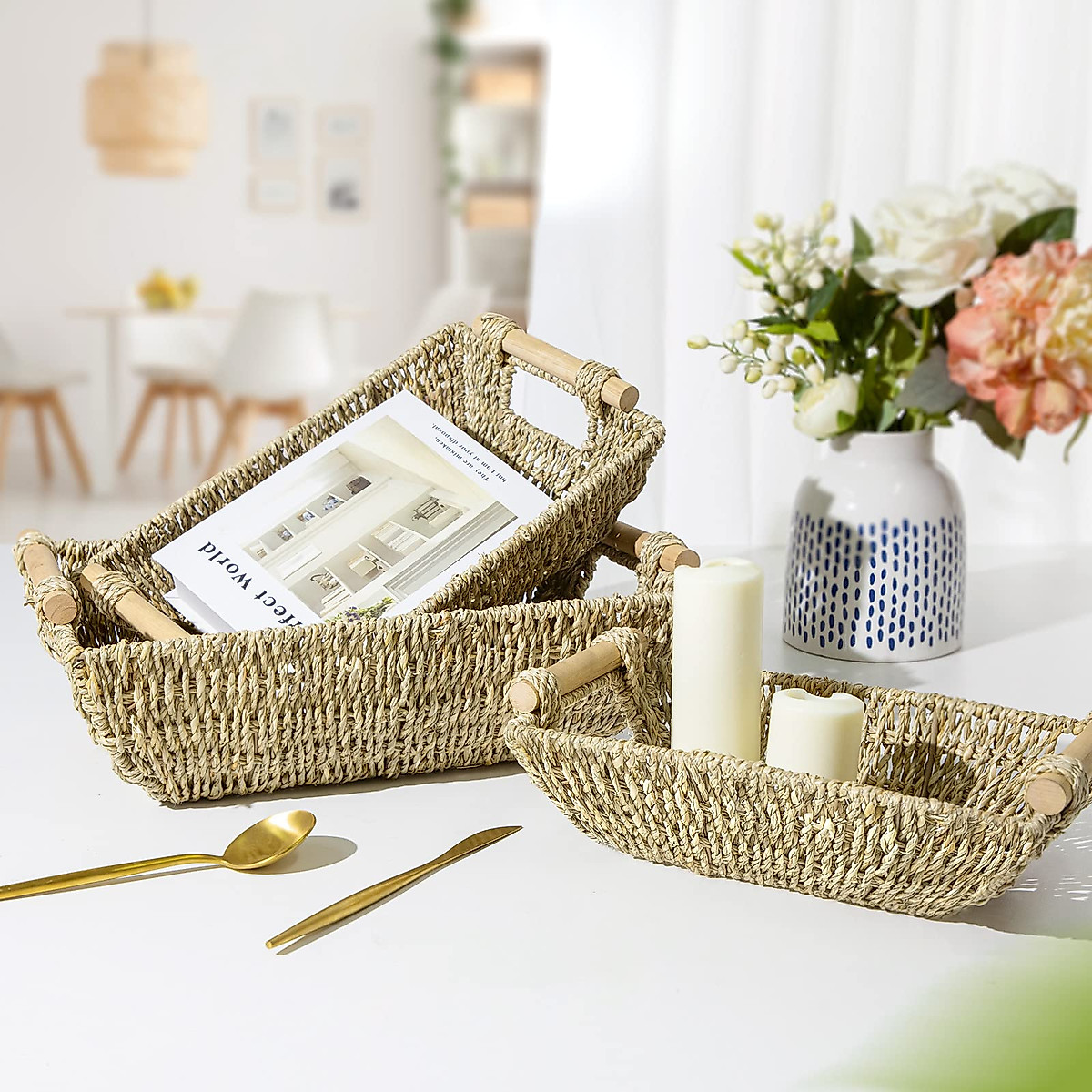 Kenvc Small Wicker Baskets, Seagrass Baskets Set of 3(11/''+13/''+15/''）,Wicker Baskets for Storage, Wicker Storage Basket, Seagrass Storage Baskets with Wooden Handles, Natural (Seagrass)