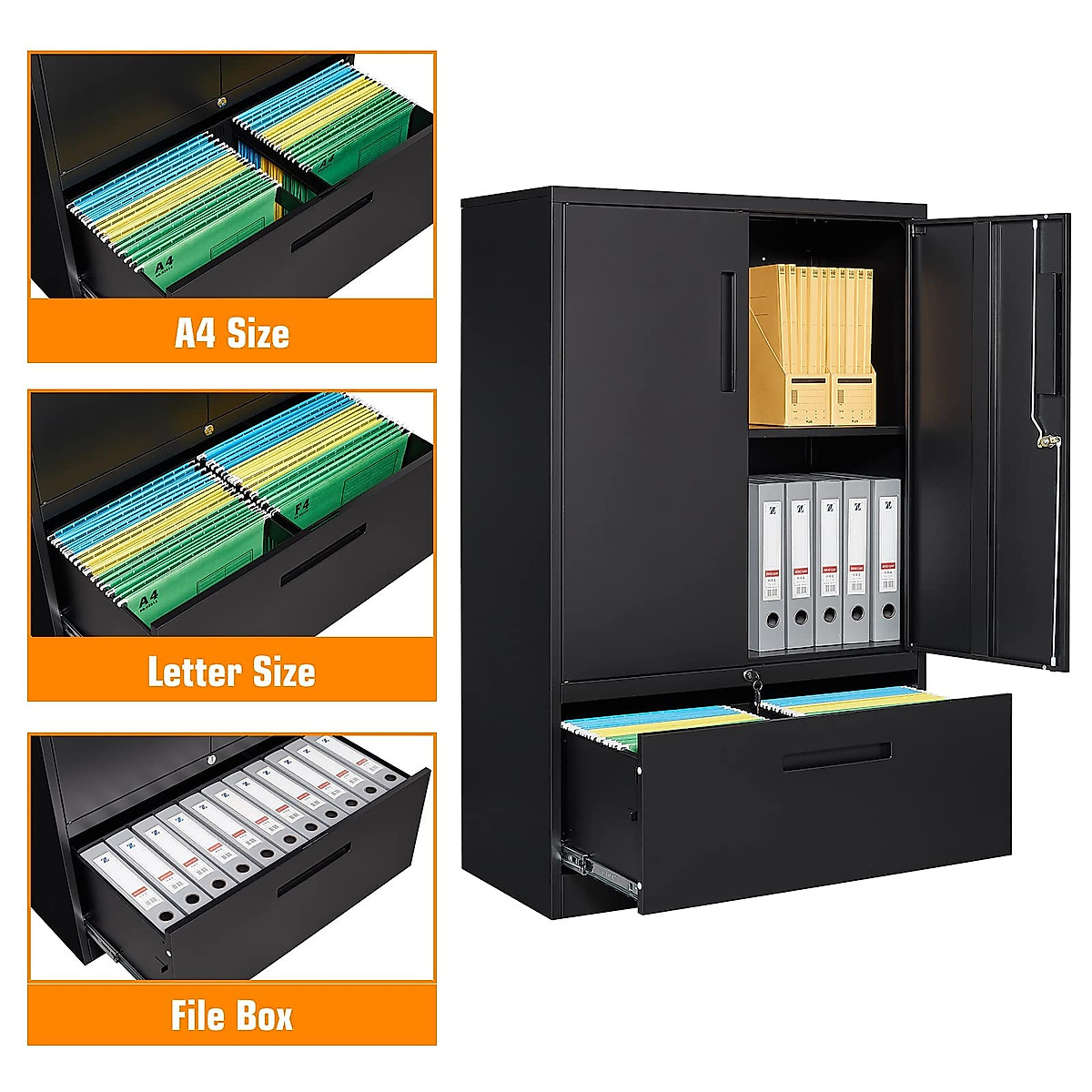 ZAOUS File Cabinet 1 Drawer, Metal File Cabinet with Lock, Lateral Filing Cabinet with Doors & Adjustable Shelves for Home Office, Living Room, Pantry, Gym, Basement, Warehouse, Black