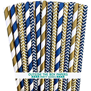 Outside the Box Papers Navy Blue and Gold Chevron and Stripe Paper Straws 7.75 Inches 100 Pack Navy Blue, Gold, White