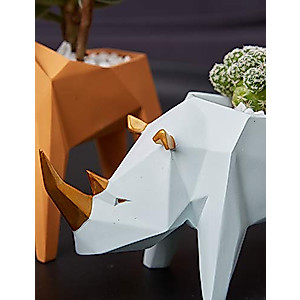 HAUCOZE Succulent Planter Rhino Statue Decor Animal Gifts Modern Sculpture Figurine Geometric Crafts Arts Polyresin Flower Pot 7.1inch