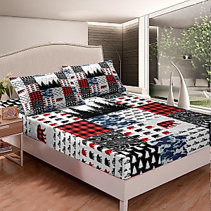 Erosebridal Bear Fitted Sheet Twin,Woodland Hunting Animals Bed Sheets for Kids Boys Girls,Buffalo Plaid Checkered Bedding Set,Camouflage Sheets,Christmas Stripes Bed Set Room Decor with Deep Pocket